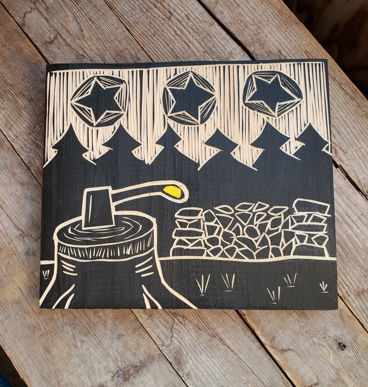 Wood Block Carving - Axe & Woodpile – The Potter's Studio & Gallery