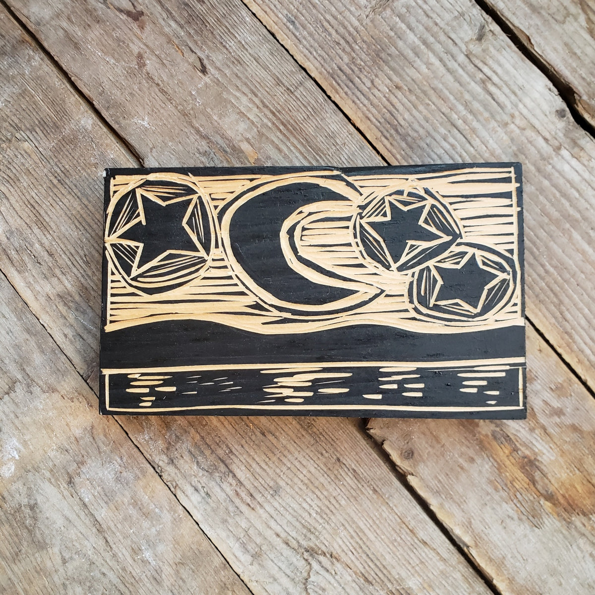 Wood Block Carving - Moon & Three Stars – The Potter's Studio & Gallery